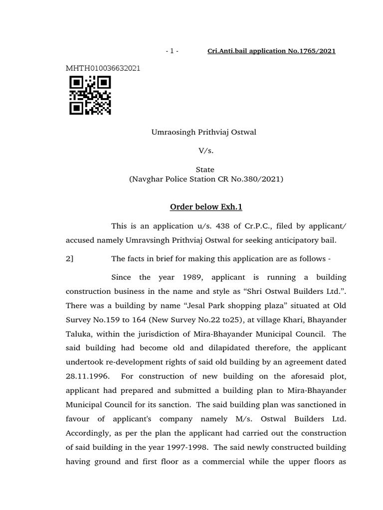 Ostwal Anticipatory Bail Rejection Order | PDF | Bail | Crimes