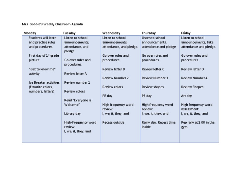 1st Grade Weekly Agenda Overview | PDF