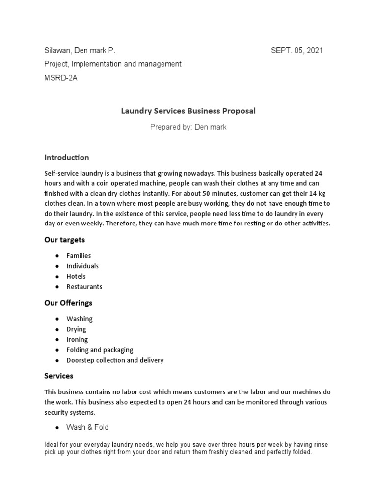 Laundry Services Business Proposal: Our Targets | PDF | Laundry | Clothing