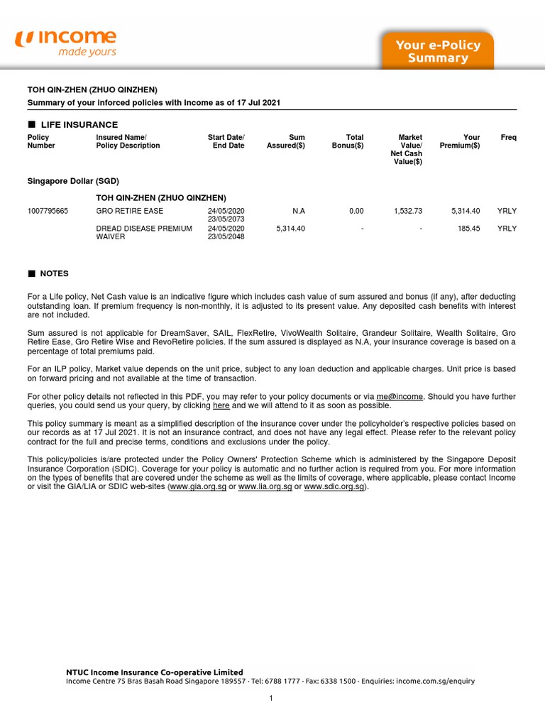Life Insurance: Summary of Your Inforced Policies With Income As of 17 ...