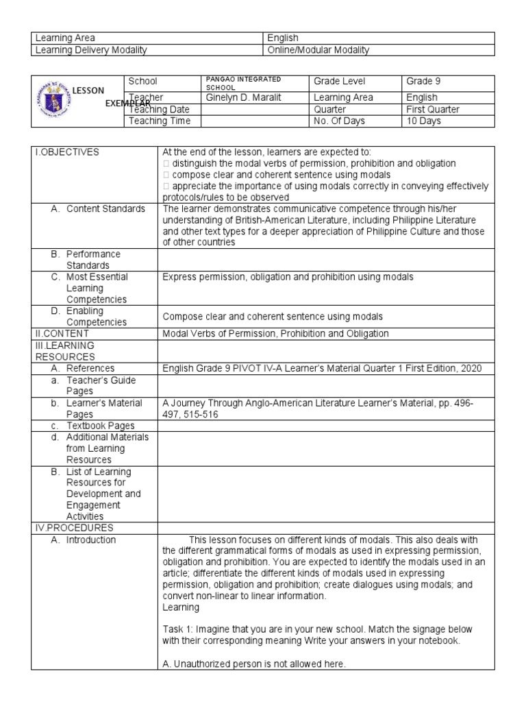 Lesson Exemplar: Pangao Integrated School | PDF | Learning | English ...