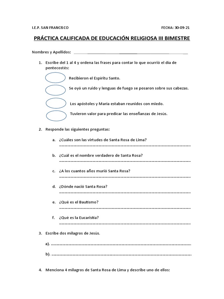 Práctica Religiosa: Pentecostés y Santa Rosa | PDF | Religión y ...