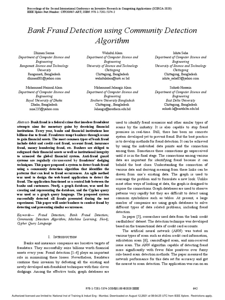 Bank Fraud Detection Using Community Detection Algorithm | PDF | Databases | Machine Learning