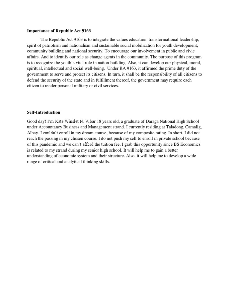 Importance of Ra 9163 and Self-Introduction | PDF | Politics