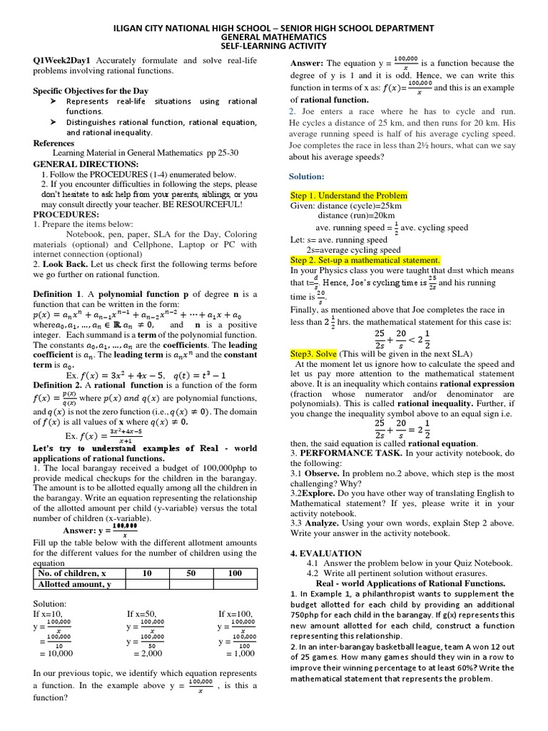 Q1 Gen Math - Week 2 Day 1 (SLA) | PDF | Polynomial | Mathematical Concepts