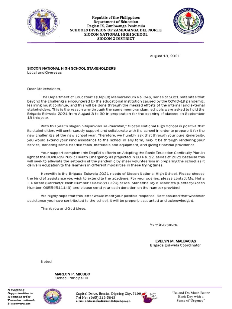 Brigada Eskwela Solicitation Letter, Checklist, and Commitment Form | PDF