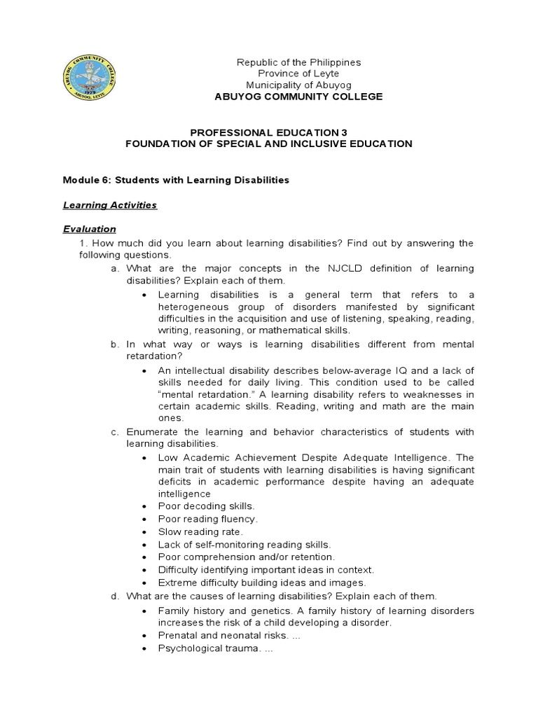 Prof-Ed3-3 MODULE 6 EVAL | PDF | Intellectual Disability | Learning ...