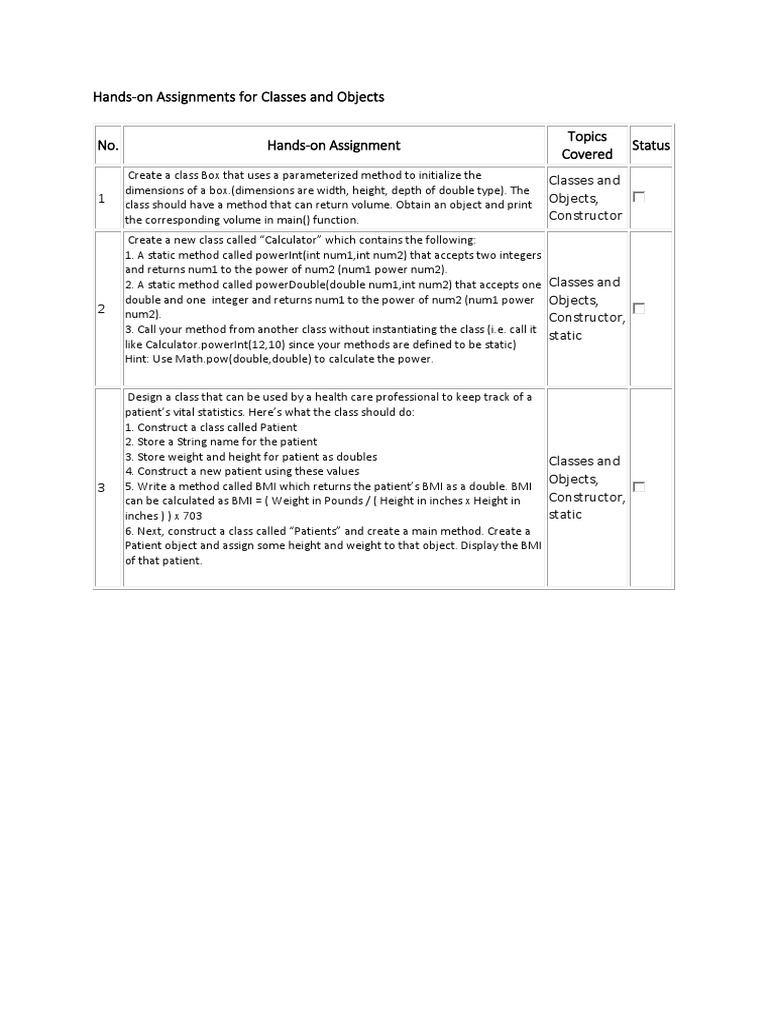 Hands On Assignments For Classes And Objects Topics Covered Status Classes And Objects