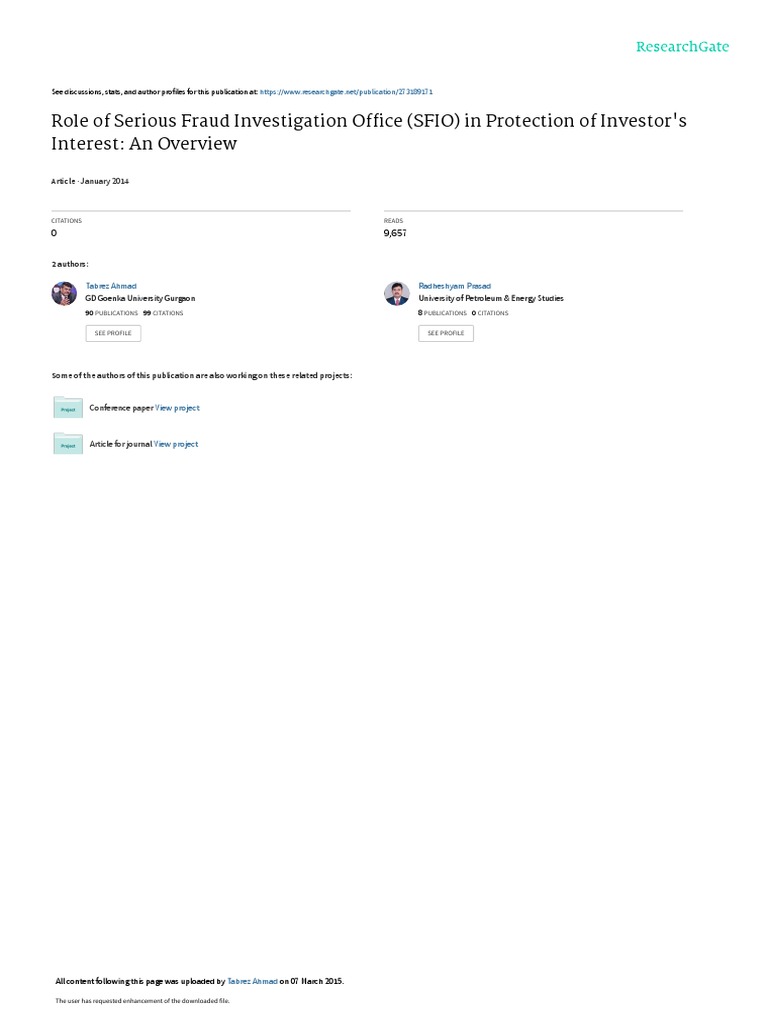 Role of Serious Fraud Investigation Office (SFIO) in Protection of ...