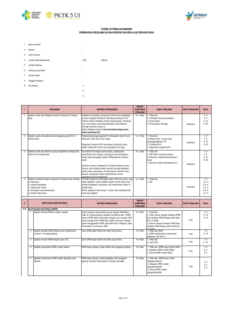 Form Penilaian Mandiri K3 Perkantoran | PDF