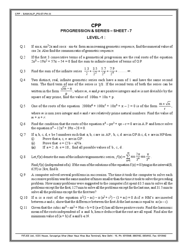 Progression & Series - Sheet - 7 LEVEL-1:: CPP - Sankalp - Ps-07-Ph-Iii | PDF | Mathematical ...