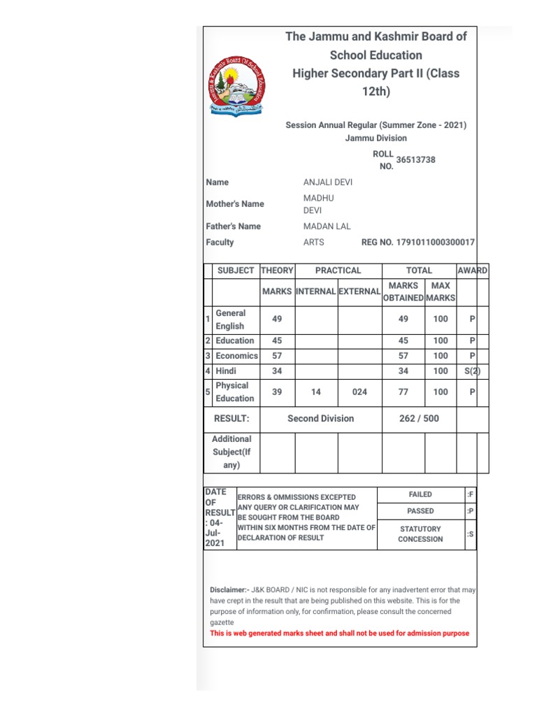 The Jammu and Kashmir Board of School Education Higher Secondary Part ...