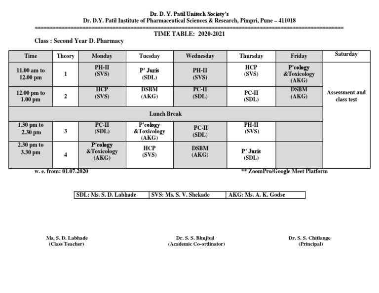TIME TABLE: 2020-2021 Class: Second Year D. Pharmacy | PDF | Health ...
