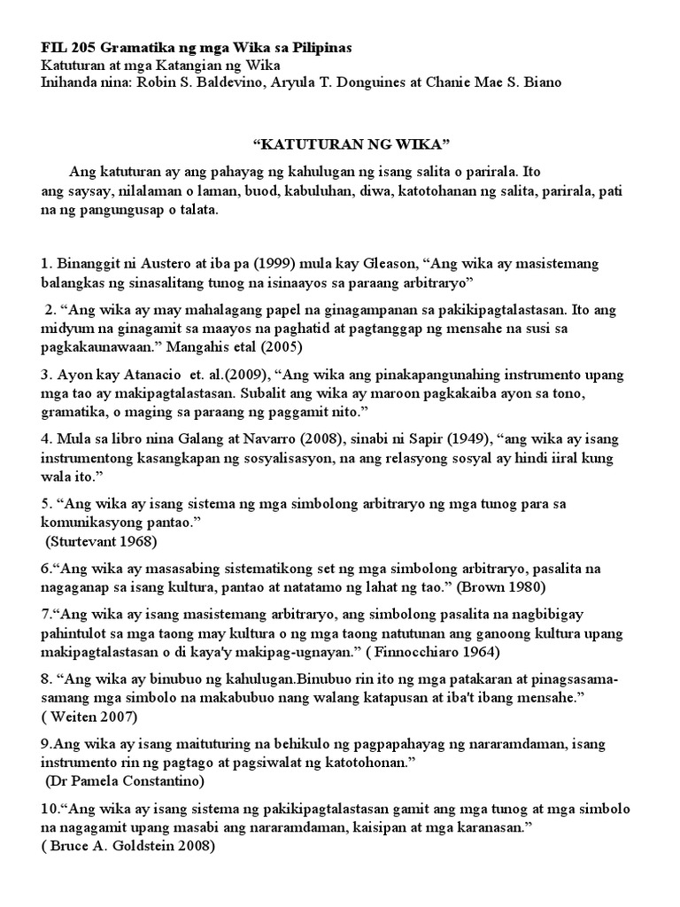 Mga Katangian at Katuturan NG Wika | PDF