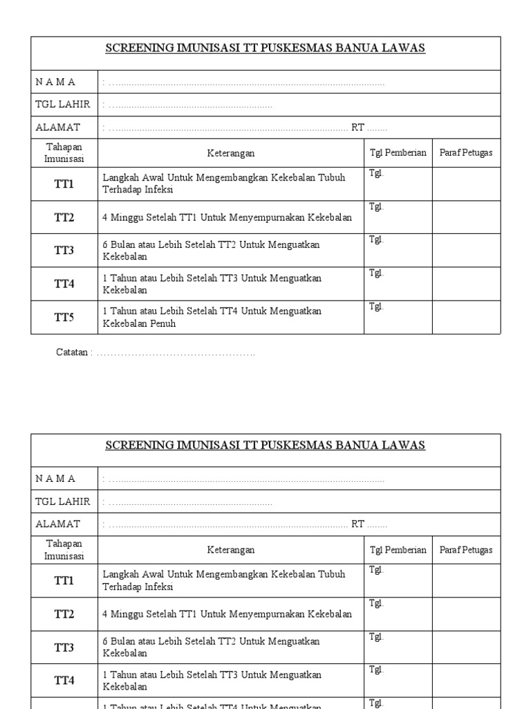 Kartu Imunisasi TT Catin Puskesmas Banua Lawas Rev | PDF