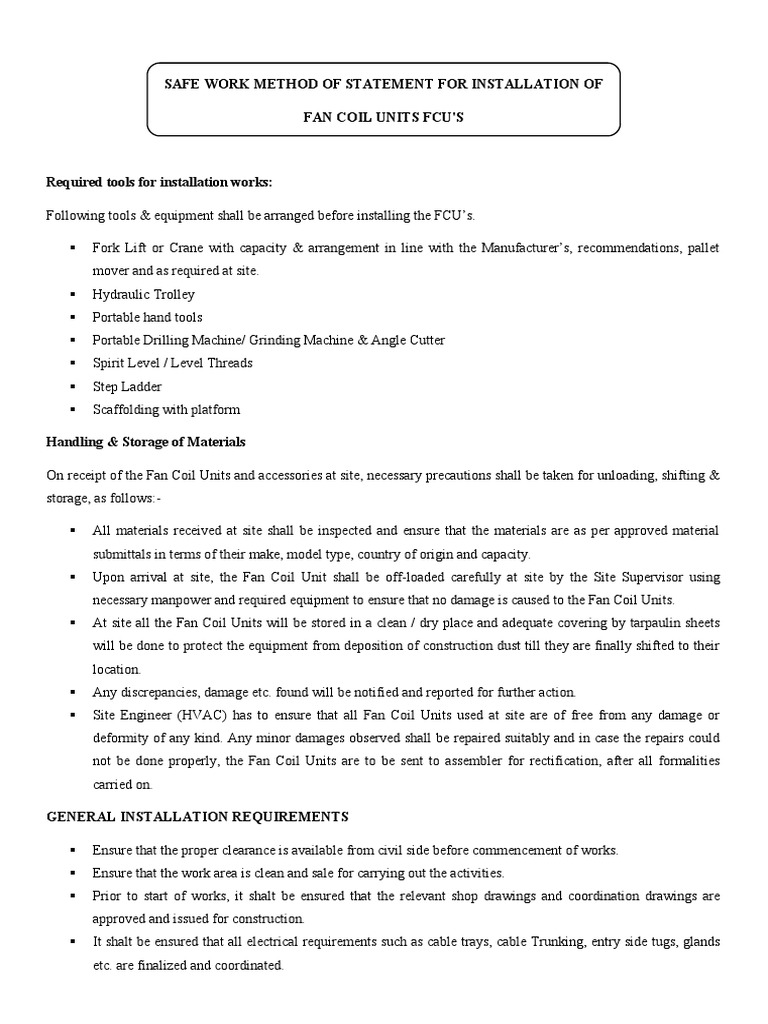 Safe Work Method of Statement For Installation of Fan Coil Units FCU's ...