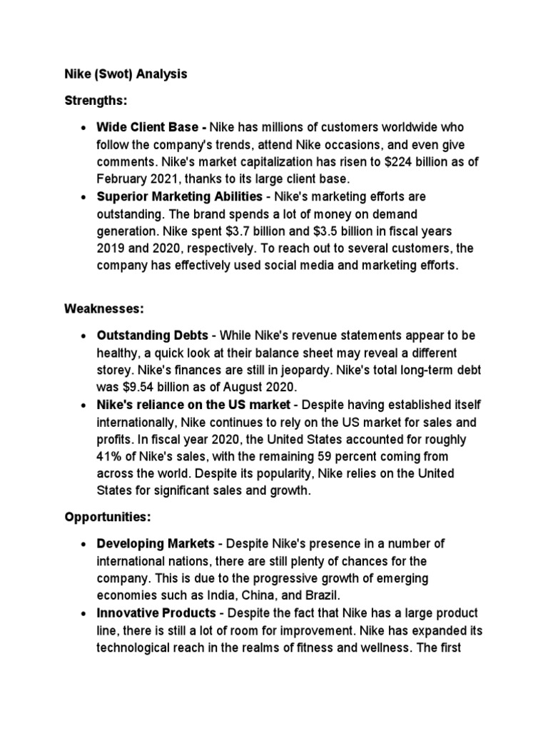 Nike SWOT Analysis Highlights Strengths and Weaknesses | PDF | Nike ...