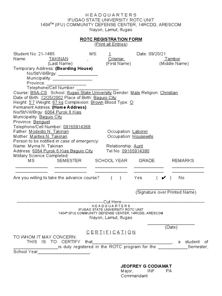 Rotc Registration Form: Permanent Address | PDF