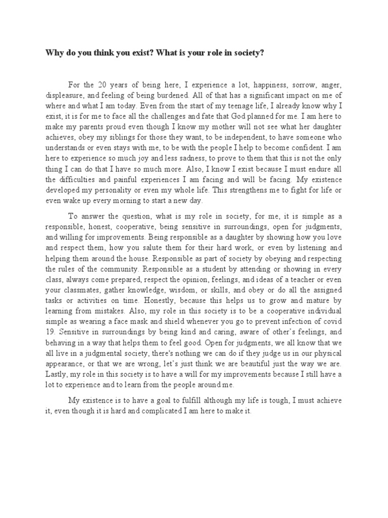 Why Do You Think You Exist? What Is Your Role in Society? | PDF ...