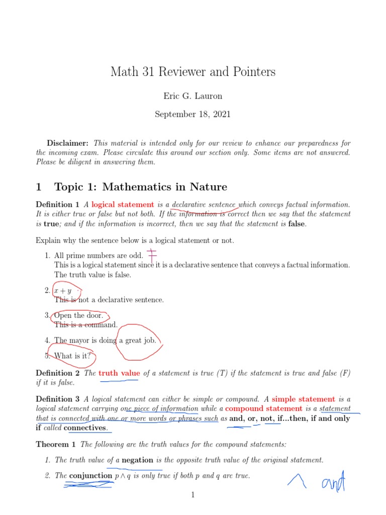 Math 31 Exam Review Guide | PDF | Logic | Mathematics