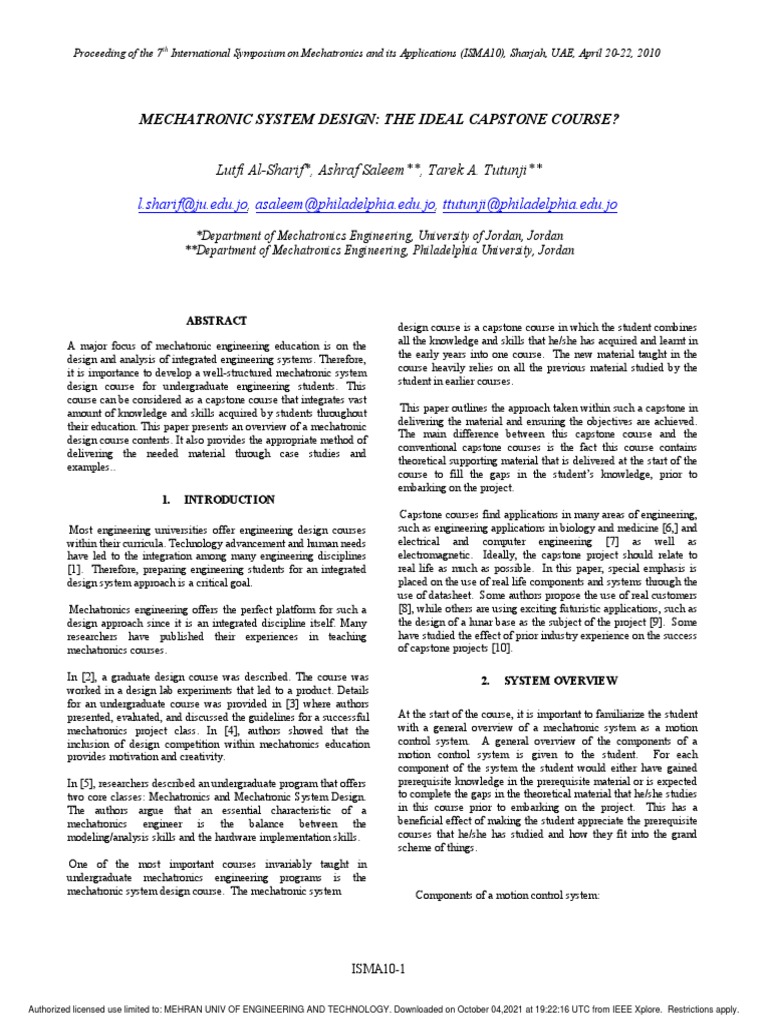 Mechatronic System Design The Ideal Capstone Course | PDF | Actuator | Mechatronics