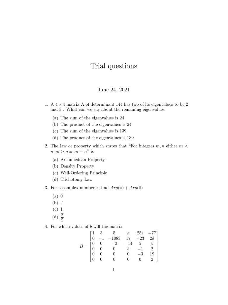 Trial Questions | PDF | Matrix (Mathematics) | Algebra