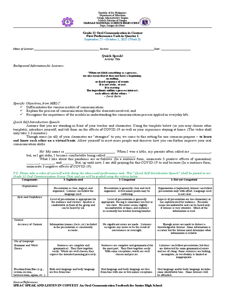 2021 OralComm Performance Task 1 Week 3 Quarter 1 | PDF | Communication ...