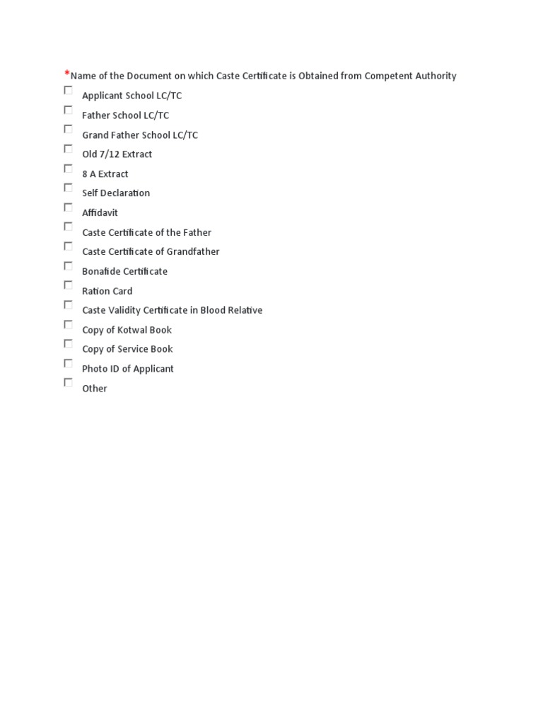 Caste Certificate Documentation Checklist | PDF