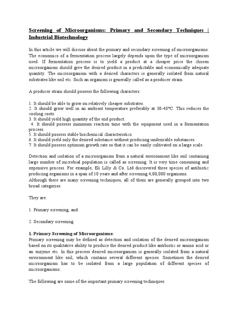 Screening of Microorganisms: Primary and Secondary Techniques ...