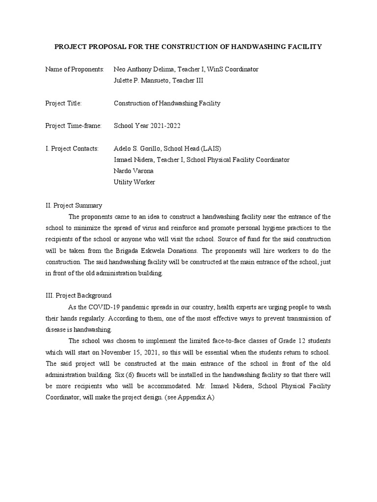 Project Proposal For The Construction of Handwashing Facility | PDF