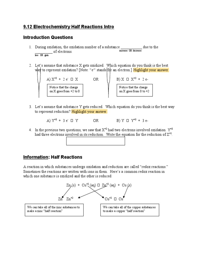 9.12 Electrochemistry Half Reactions Intro | PDF | Redox | Applied And ...