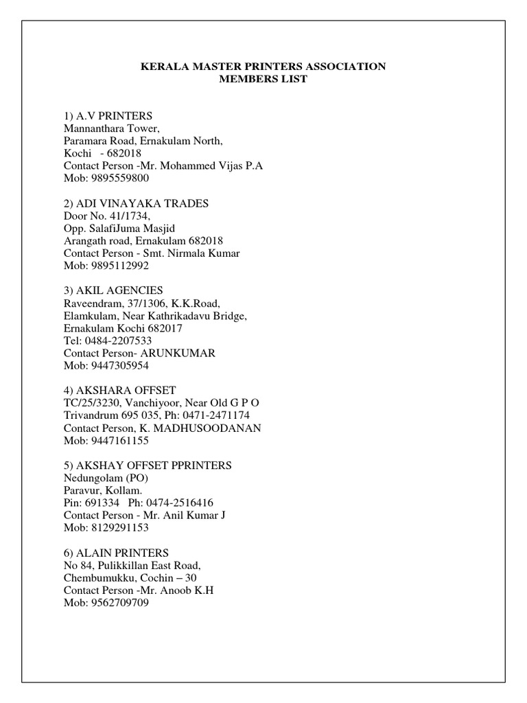 Kerala Master Printers Association Members List | PDF | Communication ...