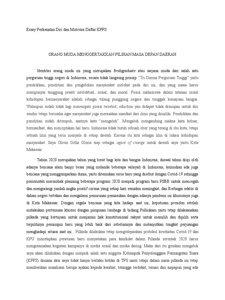 Essay Perkenalan Diri Dan Motivasi Daftar KPPS | PDF