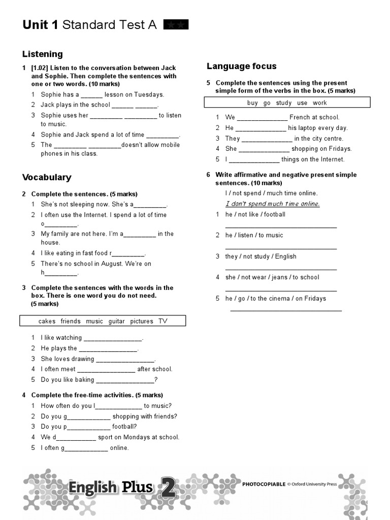 Unit 1 Standard Test A: Listening Language Focus | PDF | English ...