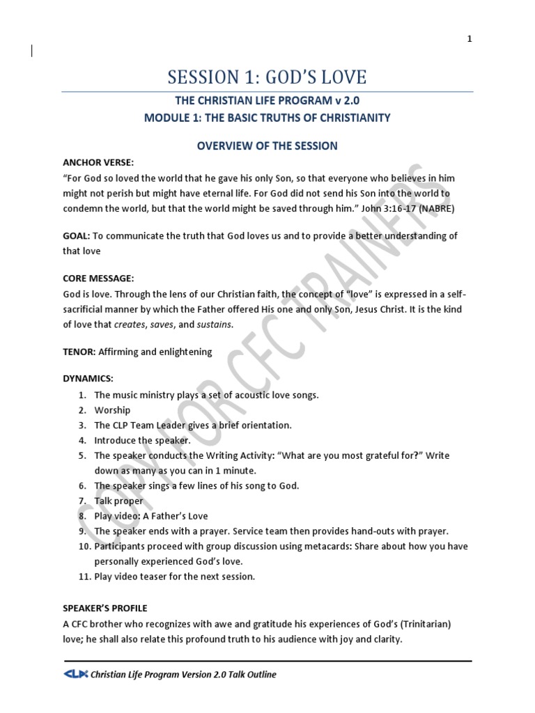 CLP v2.0 - Session 1 God - S Love - CopyforCFCTrainers | PDF | God The Father | Holy Spirit