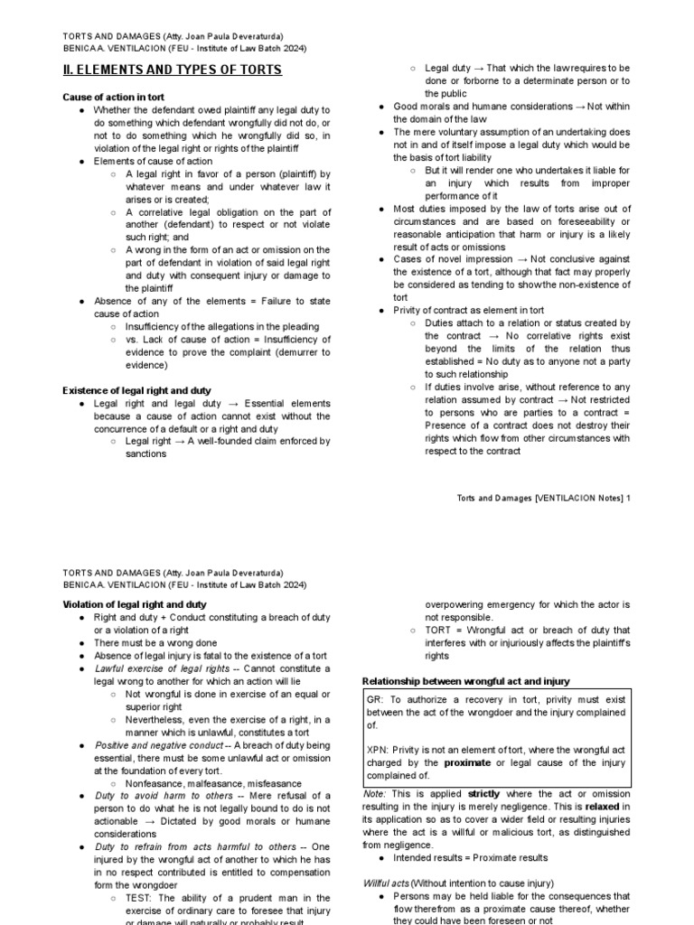 TORTS - 2 Elements and Types of Torts | PDF | Tort | Damages