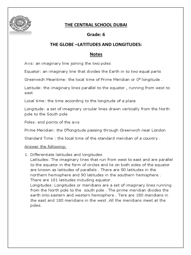 The Central School Dubai Grade: 6 The Globe - Latitudes and Longitudes ...