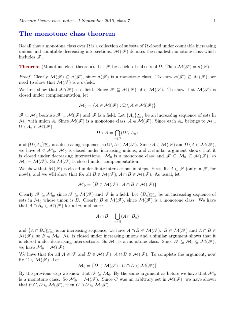 The Monotone Class Theorem | Descargar gratis PDF | Integral | Measure (Mathematics)