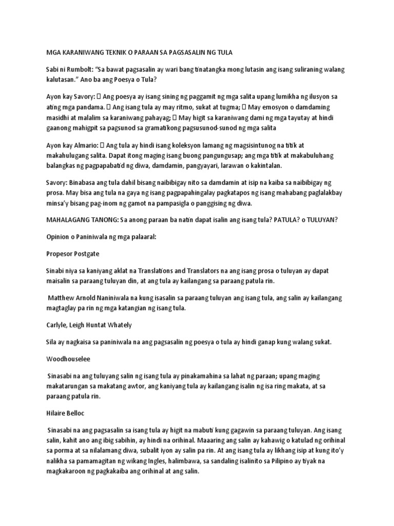 Mga Karaniwang Teknik o Paraan Sa Pagsasalin NG Tula | PDF