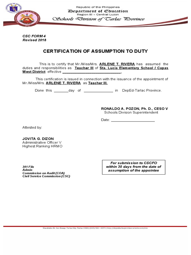 Certification of Assumption To Duty: CSC Form 4 Revised 2018 | PDF ...