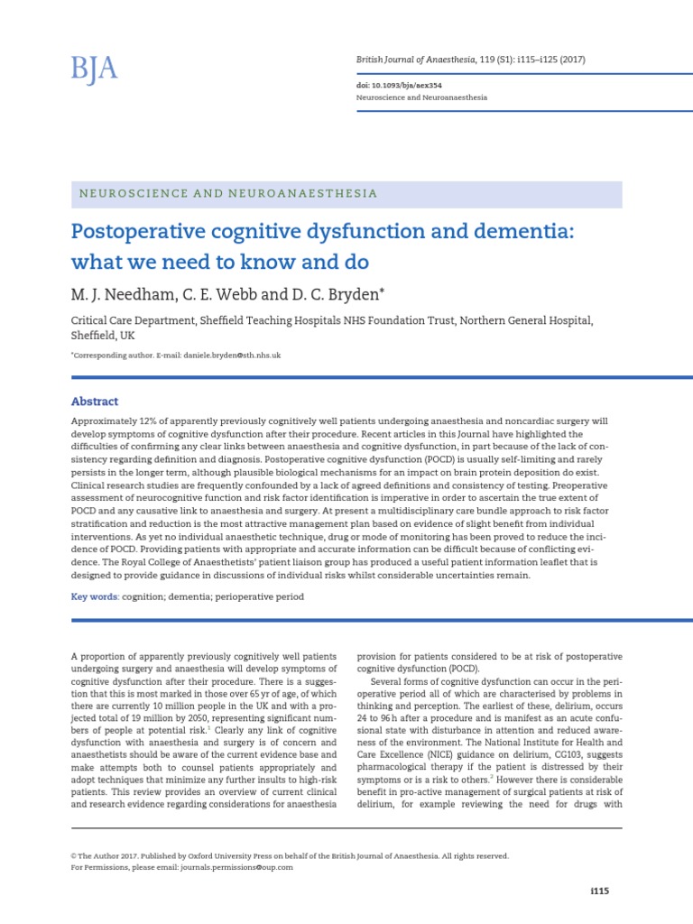 Postoperative Cognitive Dysfunction and Dementia: What We Need To Know ...