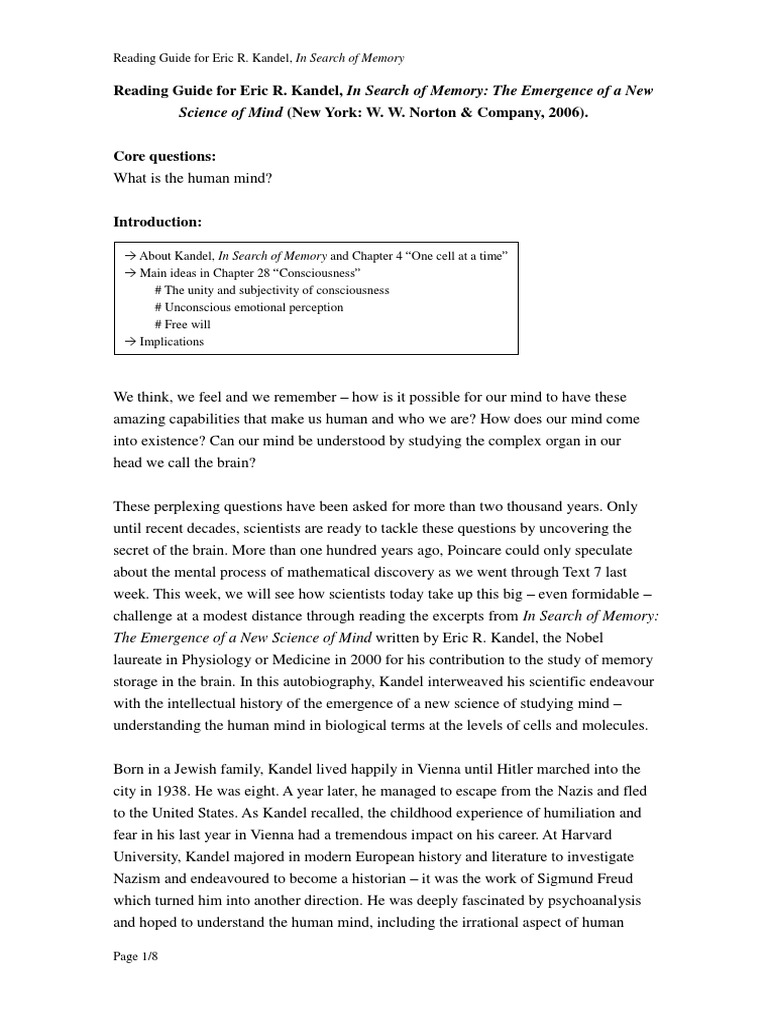 Reading Guide For Eric R. Kandel, in Search of Memory: The Emergence of ...