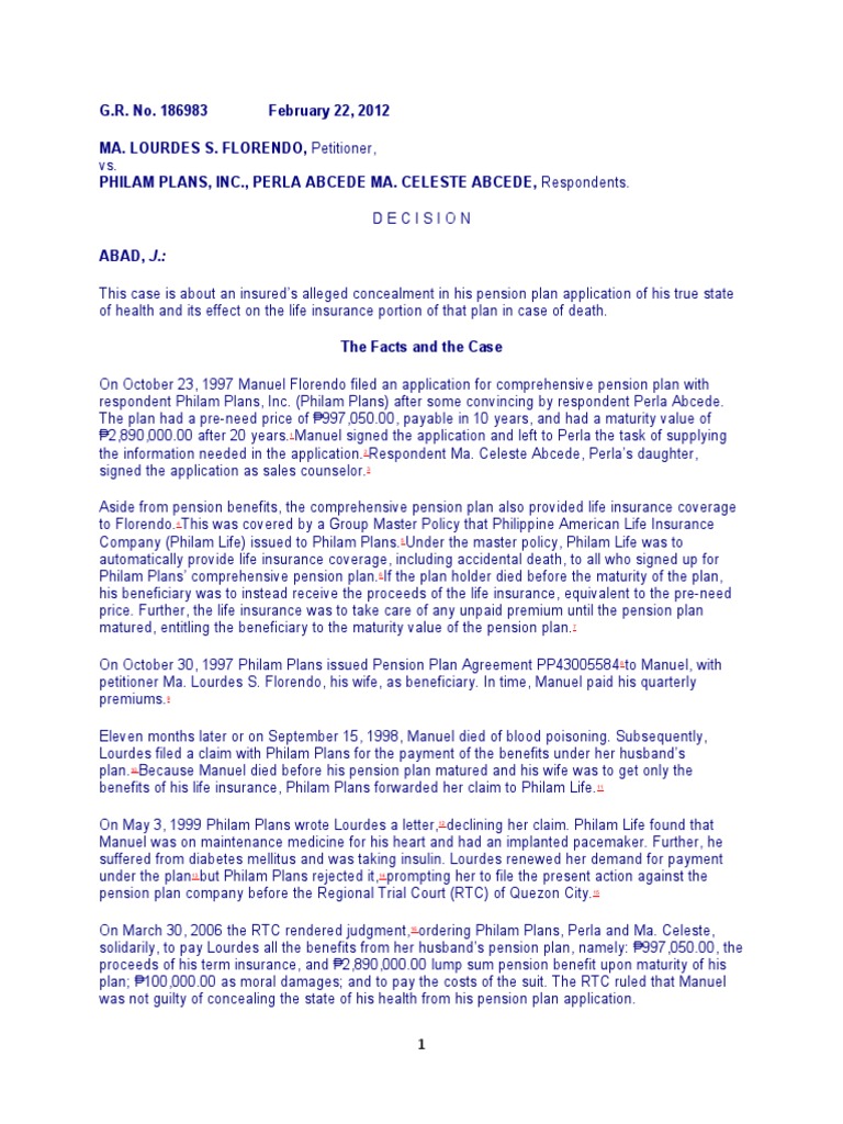 Florendo vs. Philam Plans, Inc., G.R. No. 186993, 2012 | PDF | Life ...