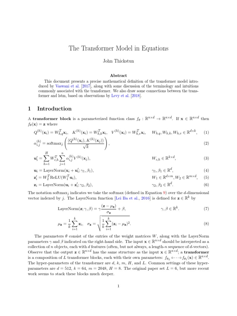 The Transformer Model in Equations: John Thickstun | PDF | Cognitive ...