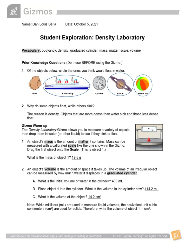 Student Exploration: Density Laboratory: Vocabulary: Buoyancy, Density ...
