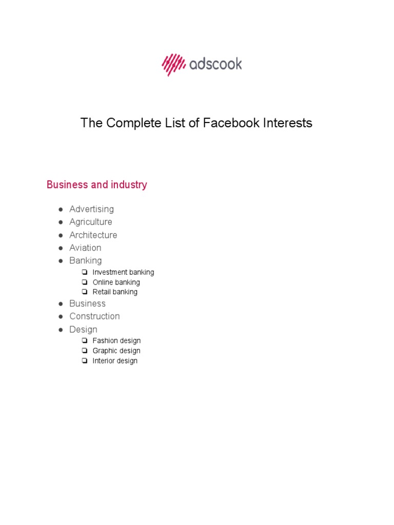 The Complete List of Facebook Interests | PDF | Drink | Cuisine