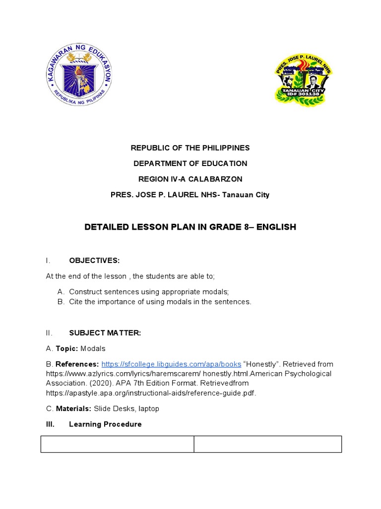 Grade 8 Lesson on Modals | PDF | Verb | Lesson Plan