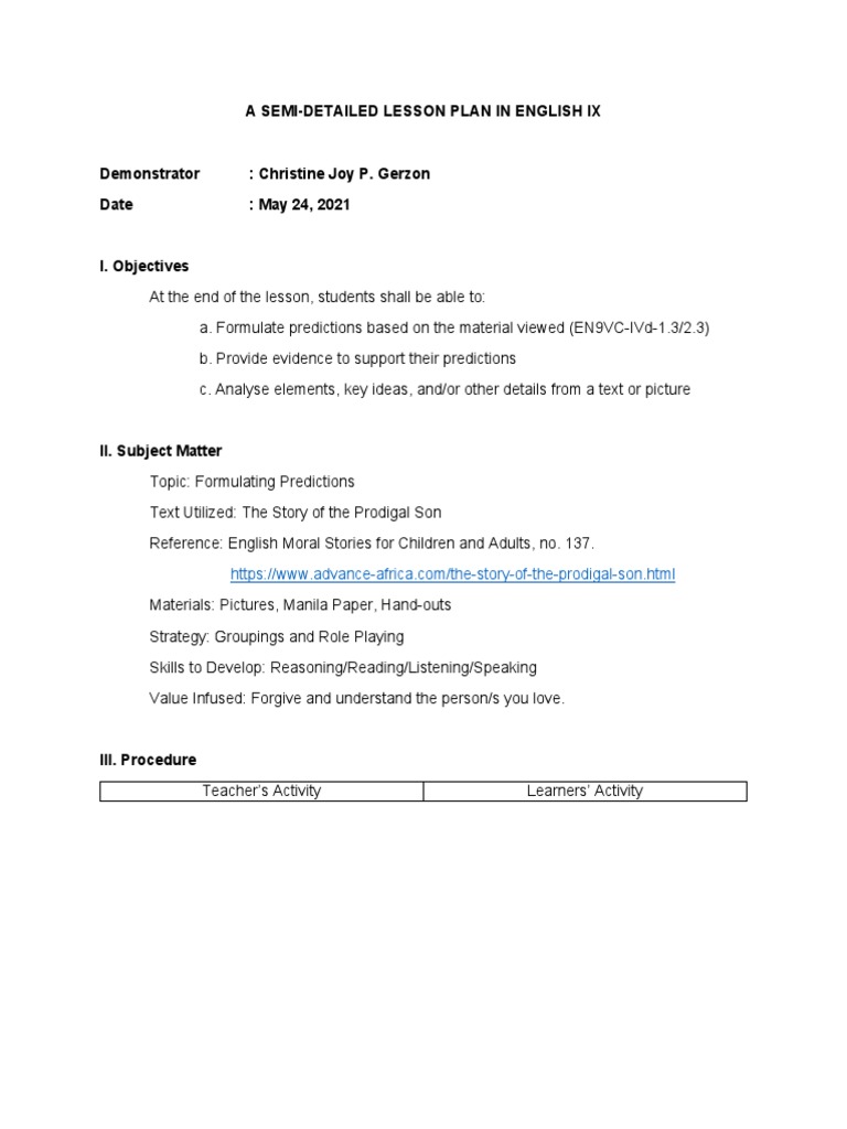Semi-Detailed Lesson Plan: Prodigal Son | PDF | Lesson Plan | Teachers
