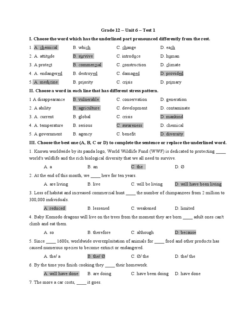 Grade 12 Unit 6 TEST 1 | PDF | Habitat | Biodiversity
