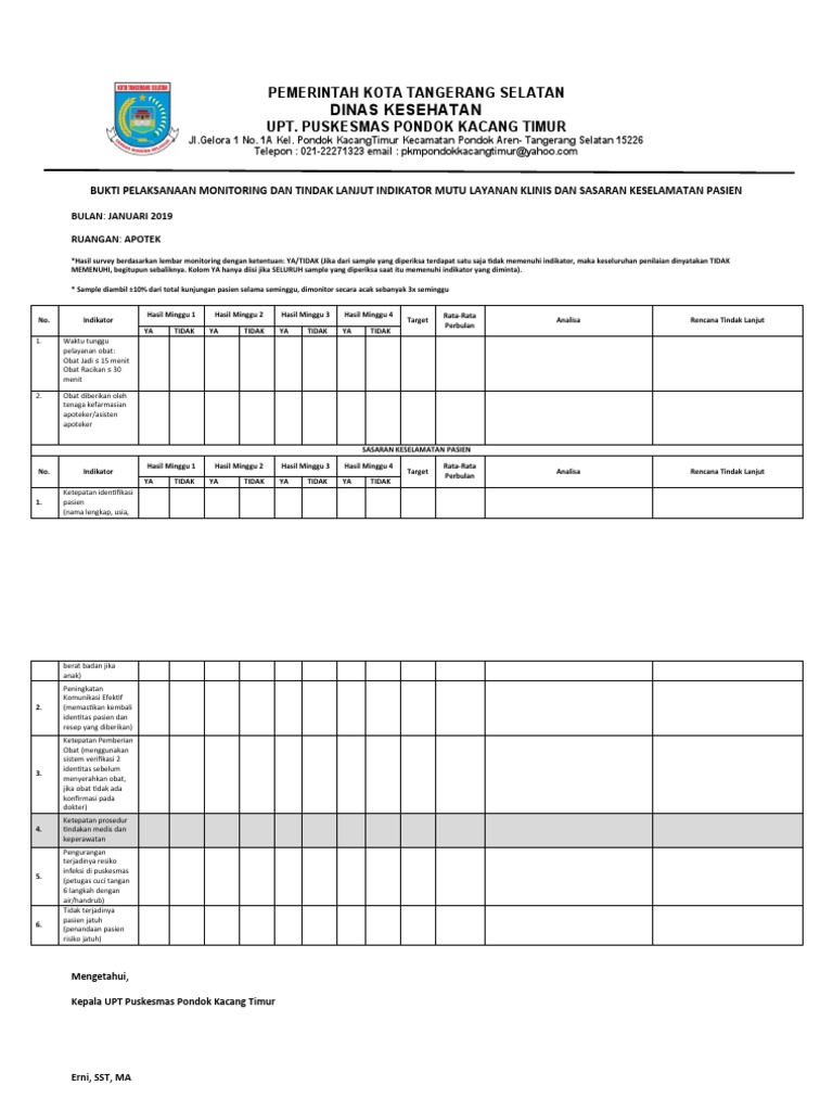Contoh Rekapan Monev Perbulan Indikator Mutu Klinis Dan SKP Apotek | PDF